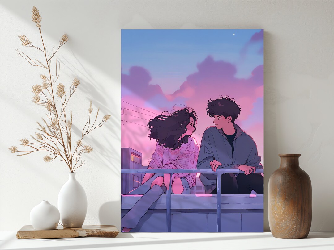 Anime Bridge Sunset Neo-romantic Rooftop Art Manga Illustration ...
