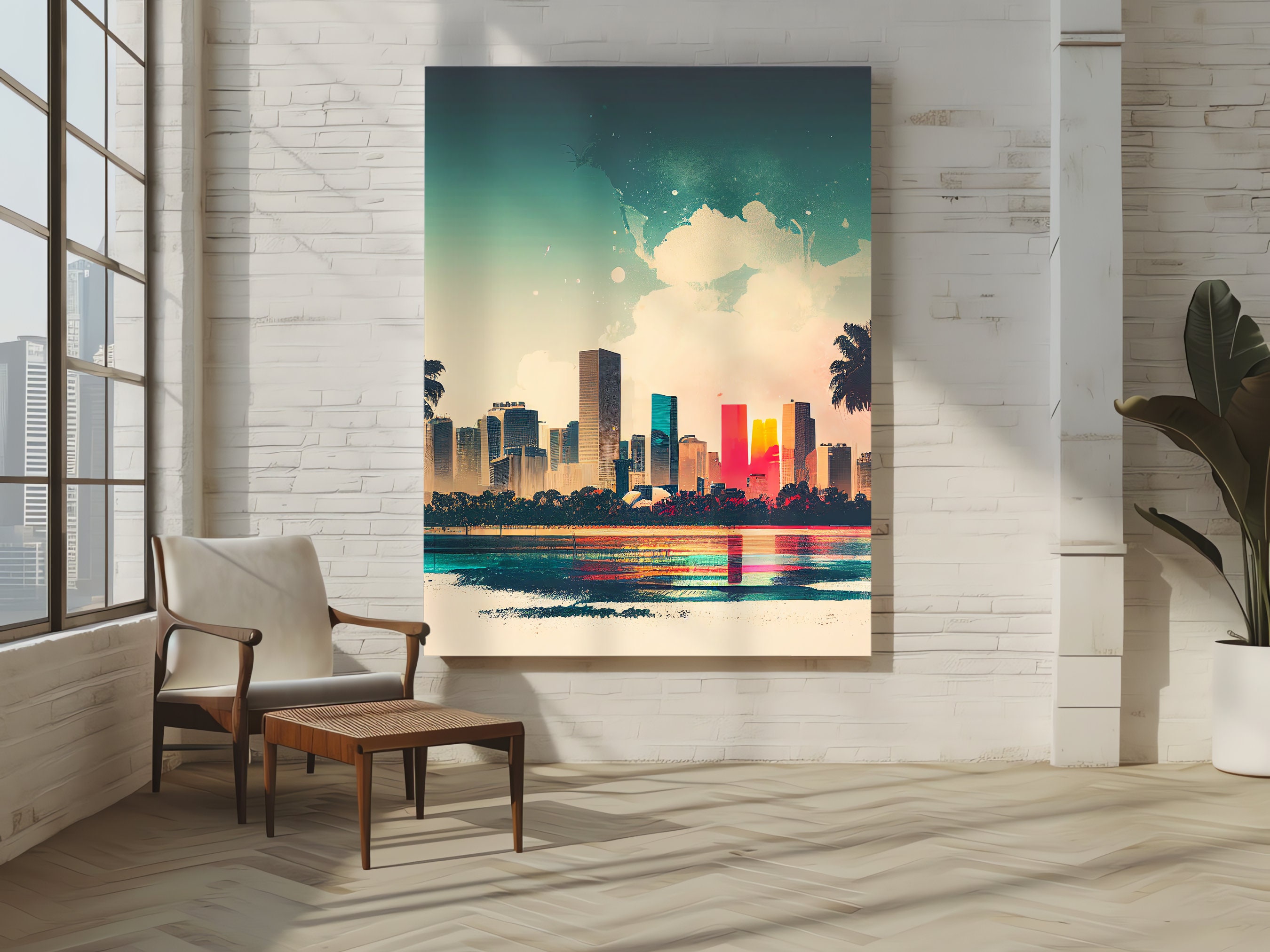 Miami Skyline Canvas: American Cityscape With Palm Trees Detailed Matte ...