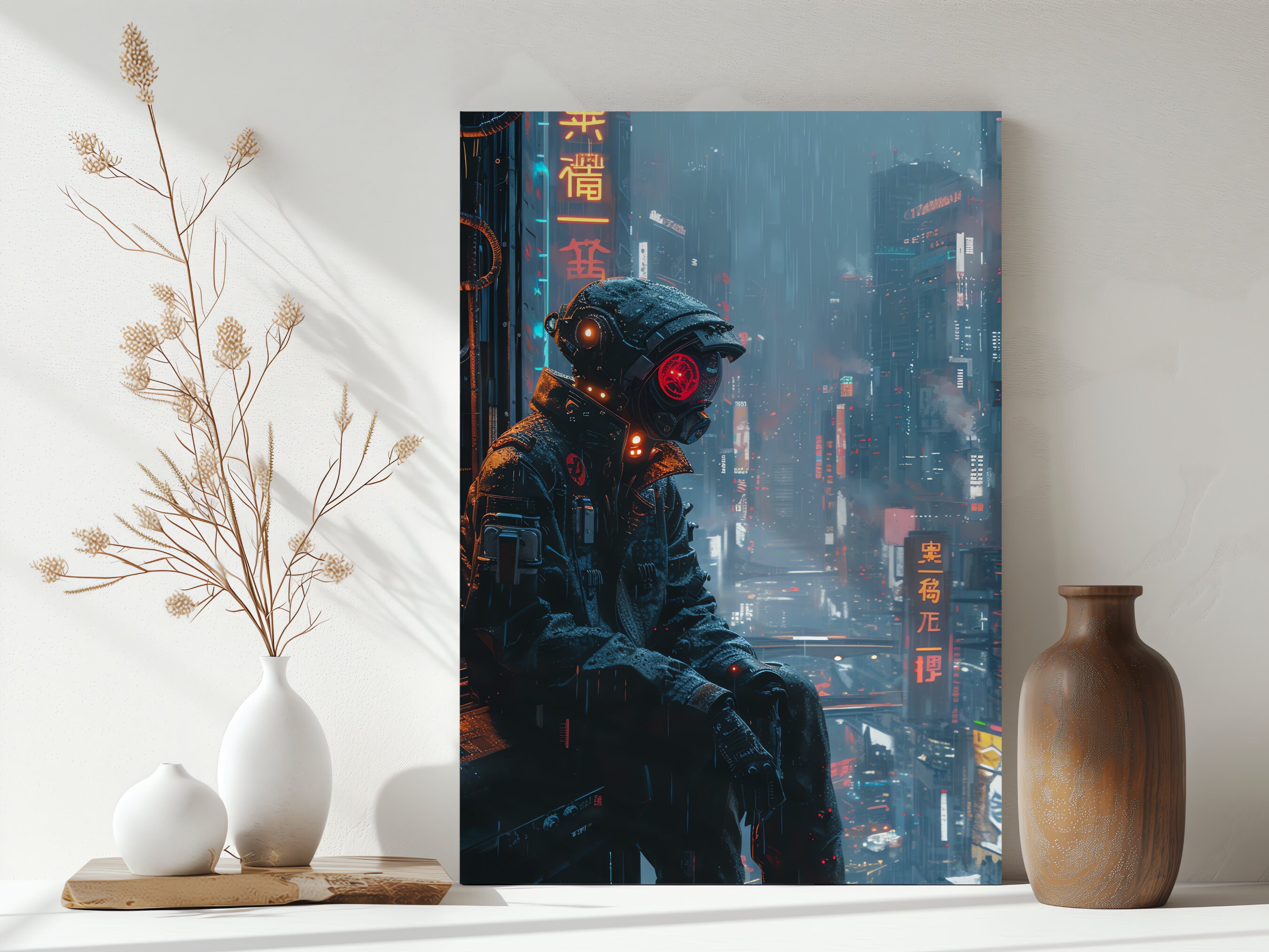 Cyberpunk Rain Ledge 8K Resolution Canvas Art Retrofuturism Style Ultra ...