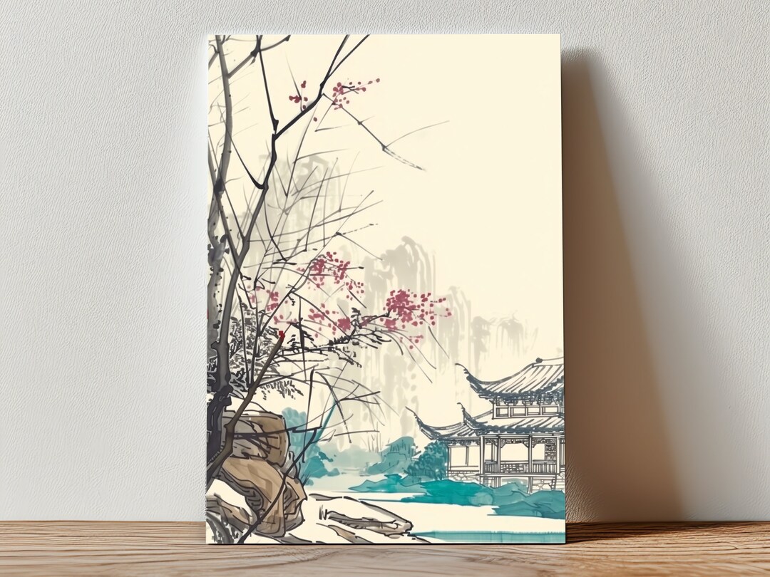 Detailed Chinese Building Waterfront Matte Painting Cloisonnism Style ...