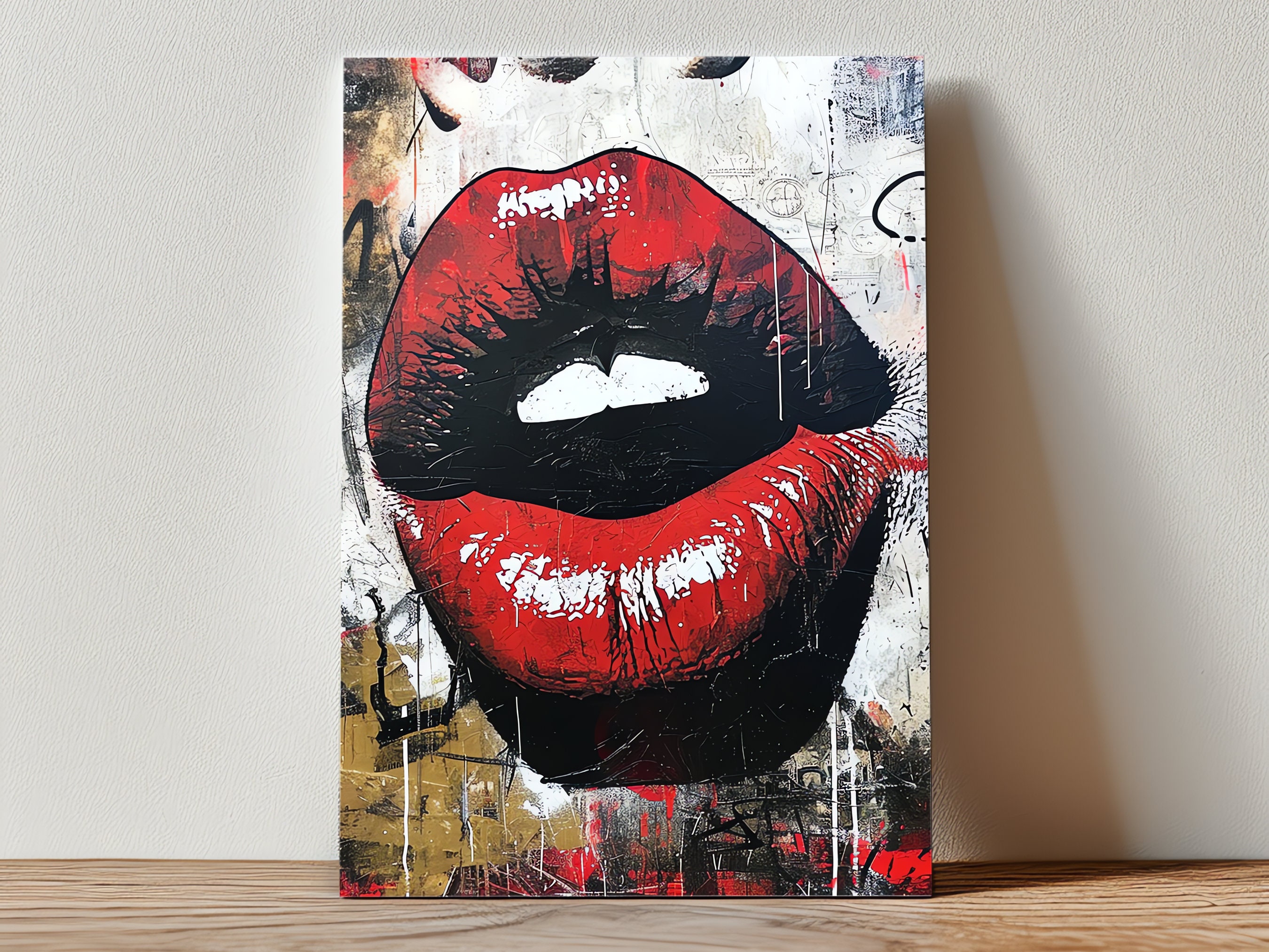 Graffiti-inspired Red Lips Canvas Art Detailed Face Portrait Urban ...