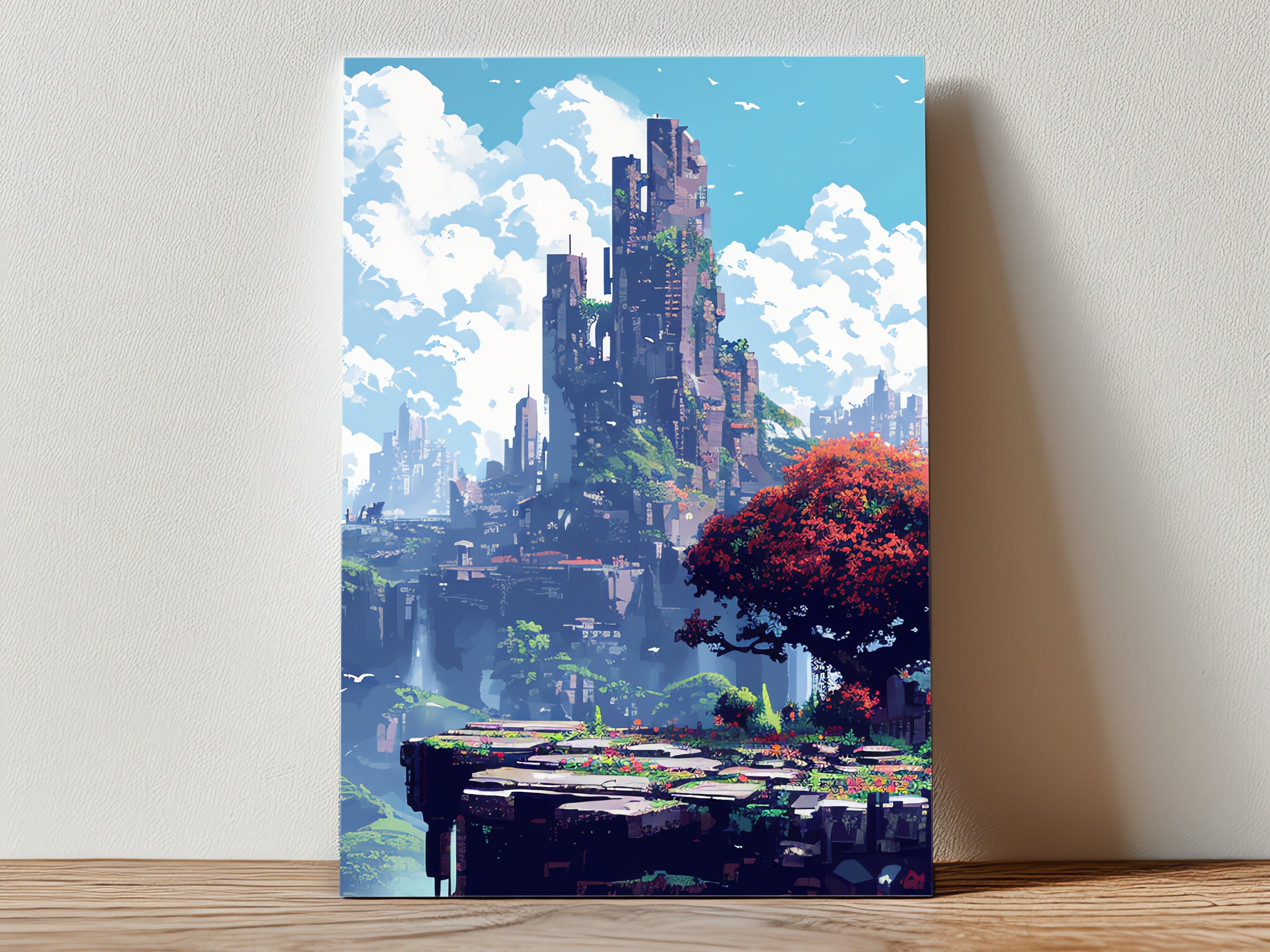 Cliffside Castle Pixel Art Scenic Matte Painting Detailed Tree & Castle ...