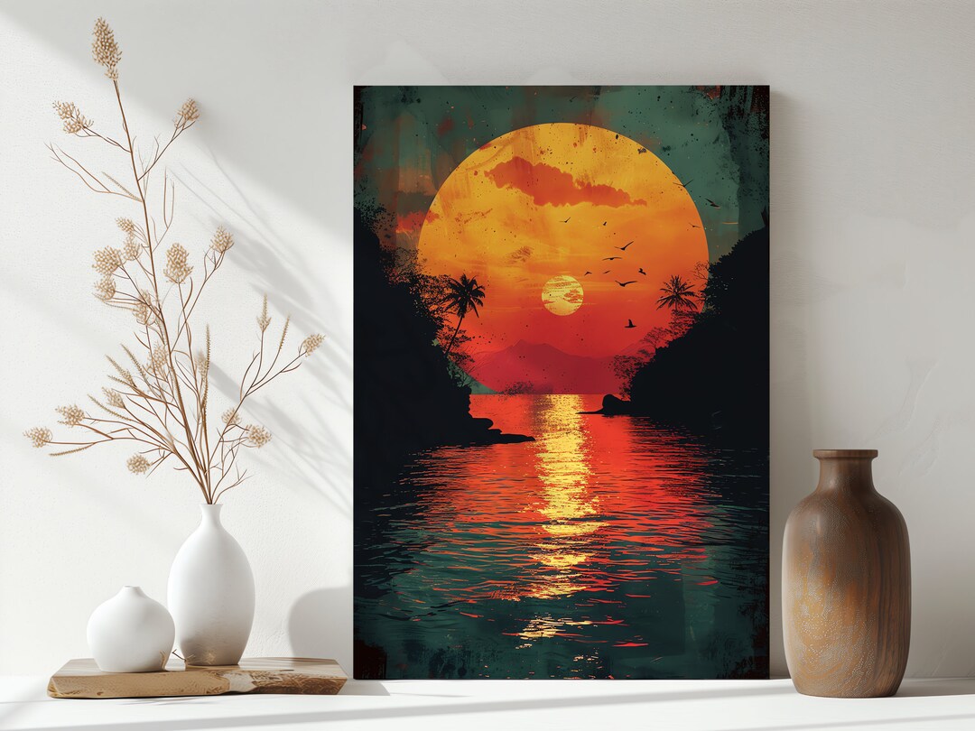 Beach Sunset Canvas Art Digital Illustration Sunset Over Water ...
