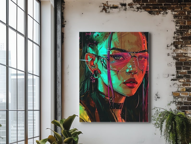 Cyberpunk Girl Portrait Canvas Stunning Digital Art Woman in Glasses ...