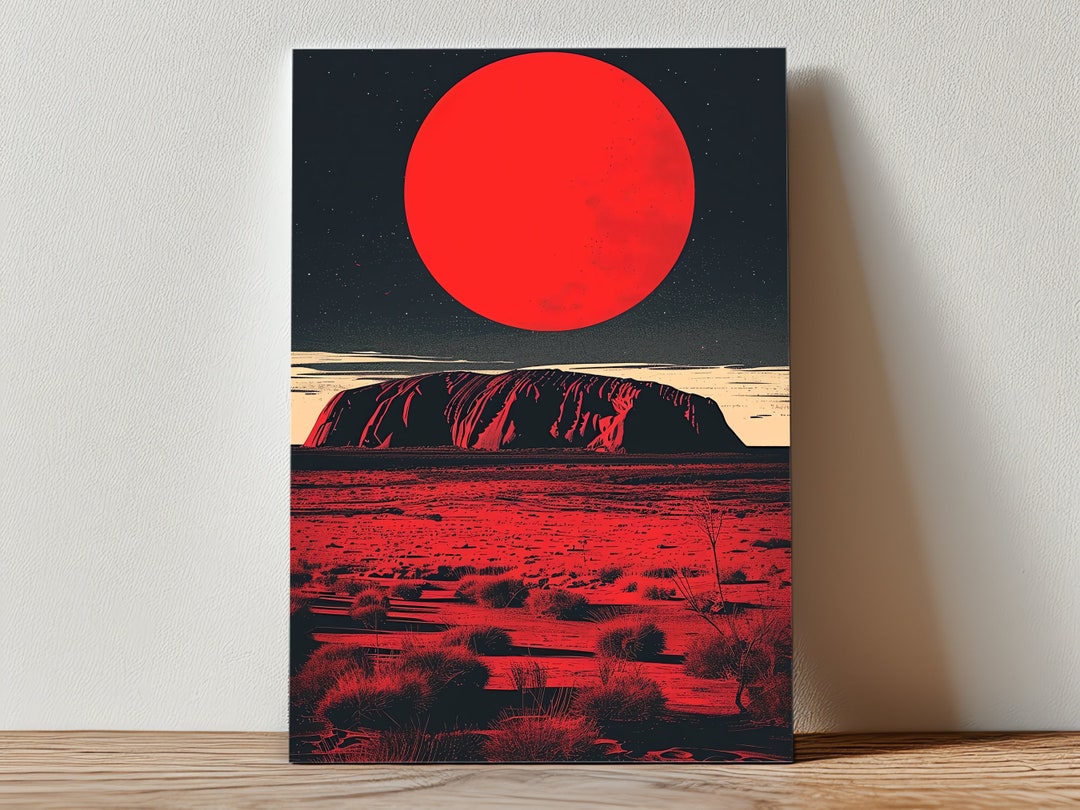 Vast Red Desert Art Poster Space Artwork, Majestic Red Moon, Uluru ...