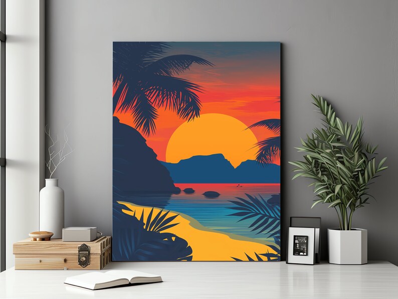 Tropical Sunset Art Palm Tree Canvas Ocean Vector Art Beach Sunset Artwork Sunset Illustration ...