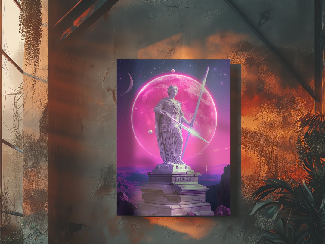 Retrowave Retrofuturism Woman Statue Canvas Epic Sword Holder Art ...