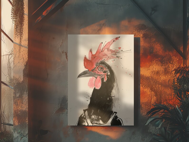 Modern European Rooster Illustration Furious Fowl Watercolor Art Red ...