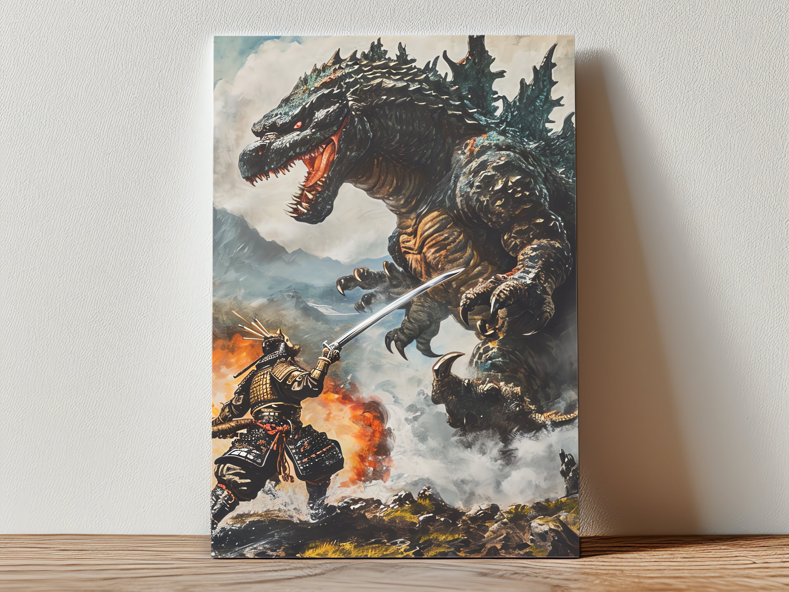 Feudal Japan Samurai Vs. Godzilla Canvas Art Realistic Ukiyo-e Style ...