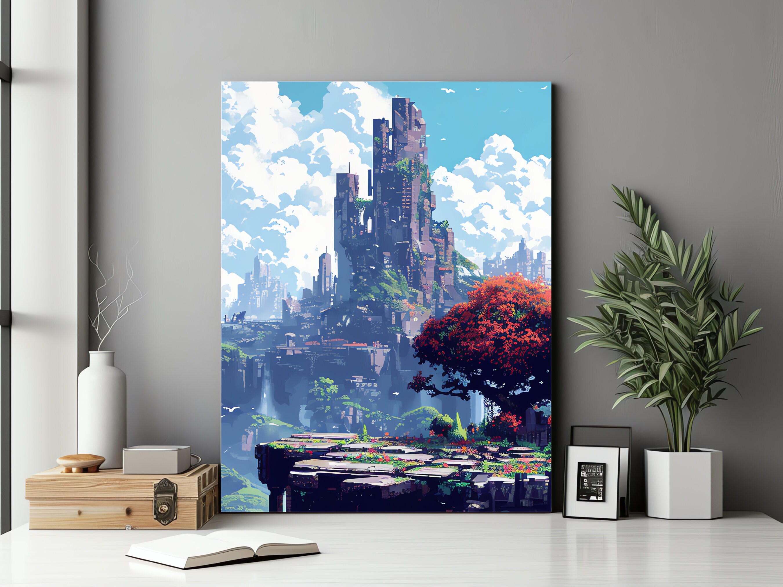Cliffside Castle Pixel Art Scenic Matte Painting Detailed Tree & Castle ...