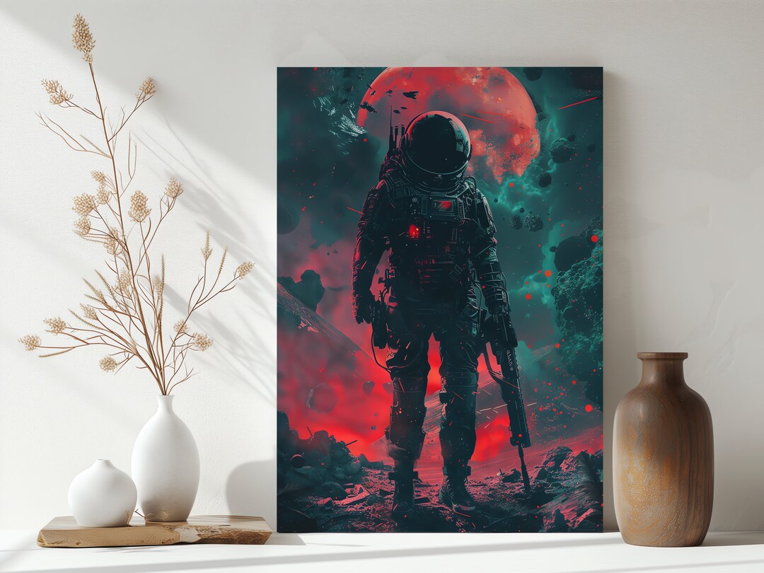 Cyberpunk Space Suit Figure With Rifle Dark Sci-fi Canvas Art Galactic ...