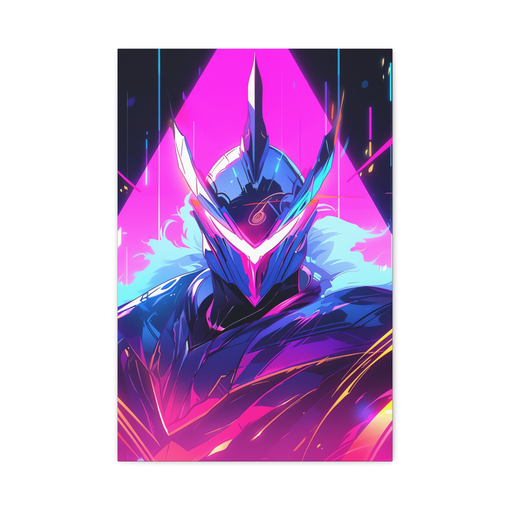 Cyberpunk Helmet Artwork Neon Armor Portrait Futuristic Knight Canvas ...