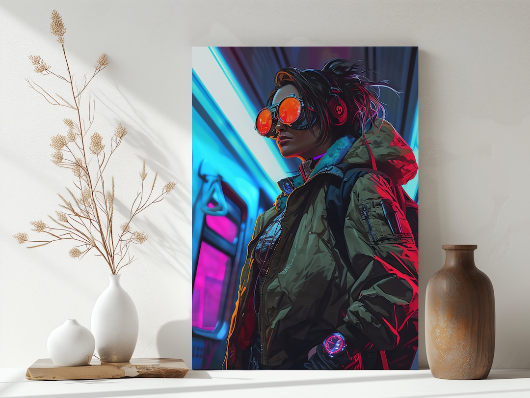 Cyberpunk Train Scene Retrofuturism Canvas Art Hyperrealistic Girl ...