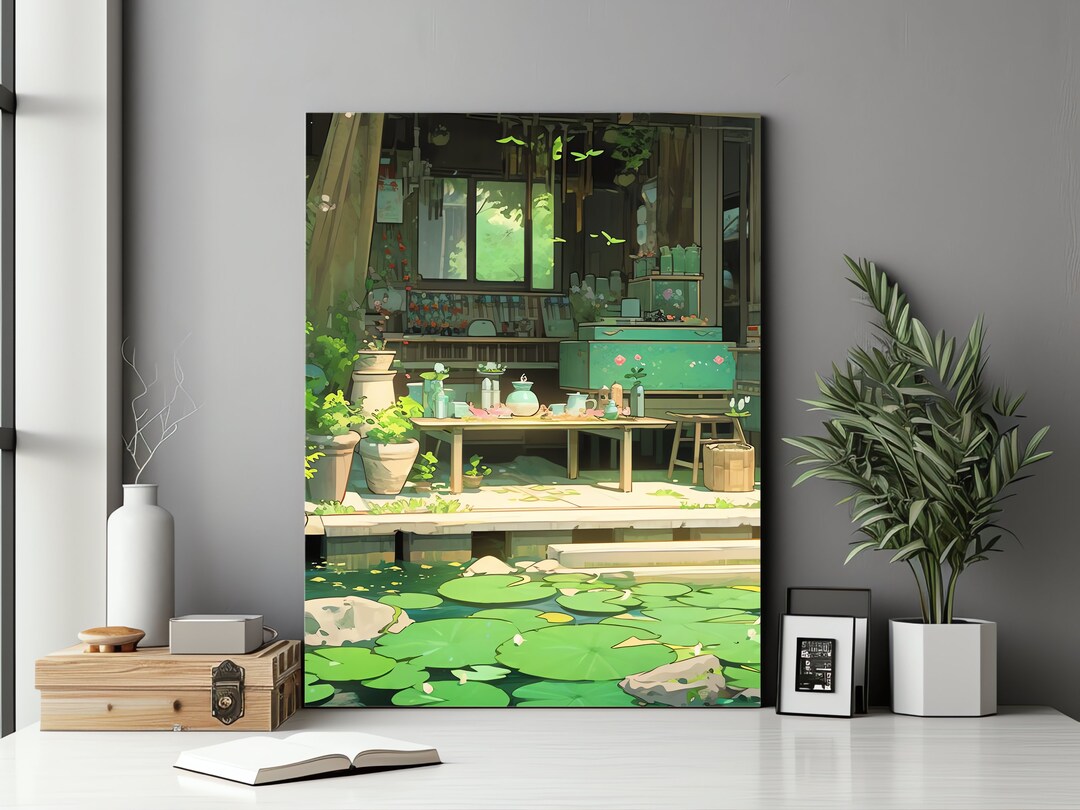 House & Pond Detailed Painting Cloisonnism Overgrowth Art High ...