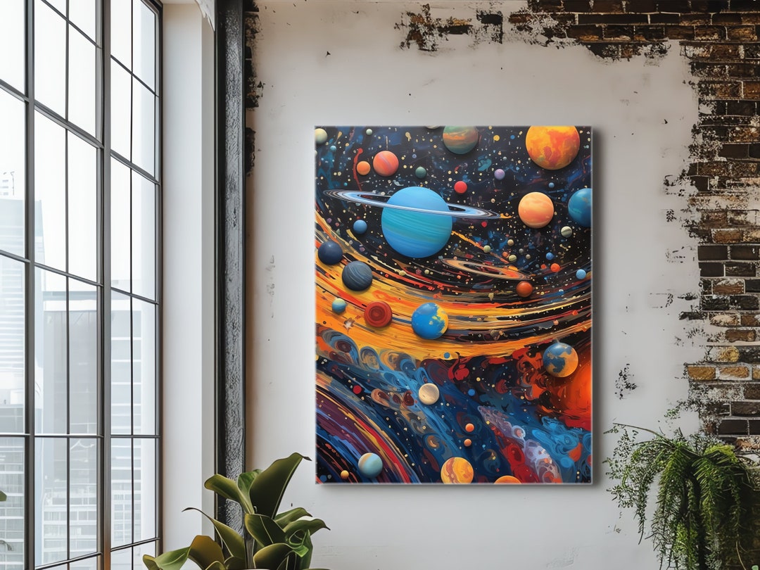 Ultra-detailed Airbrush Space Art Planets & Stars on Black Canvas Solar ...