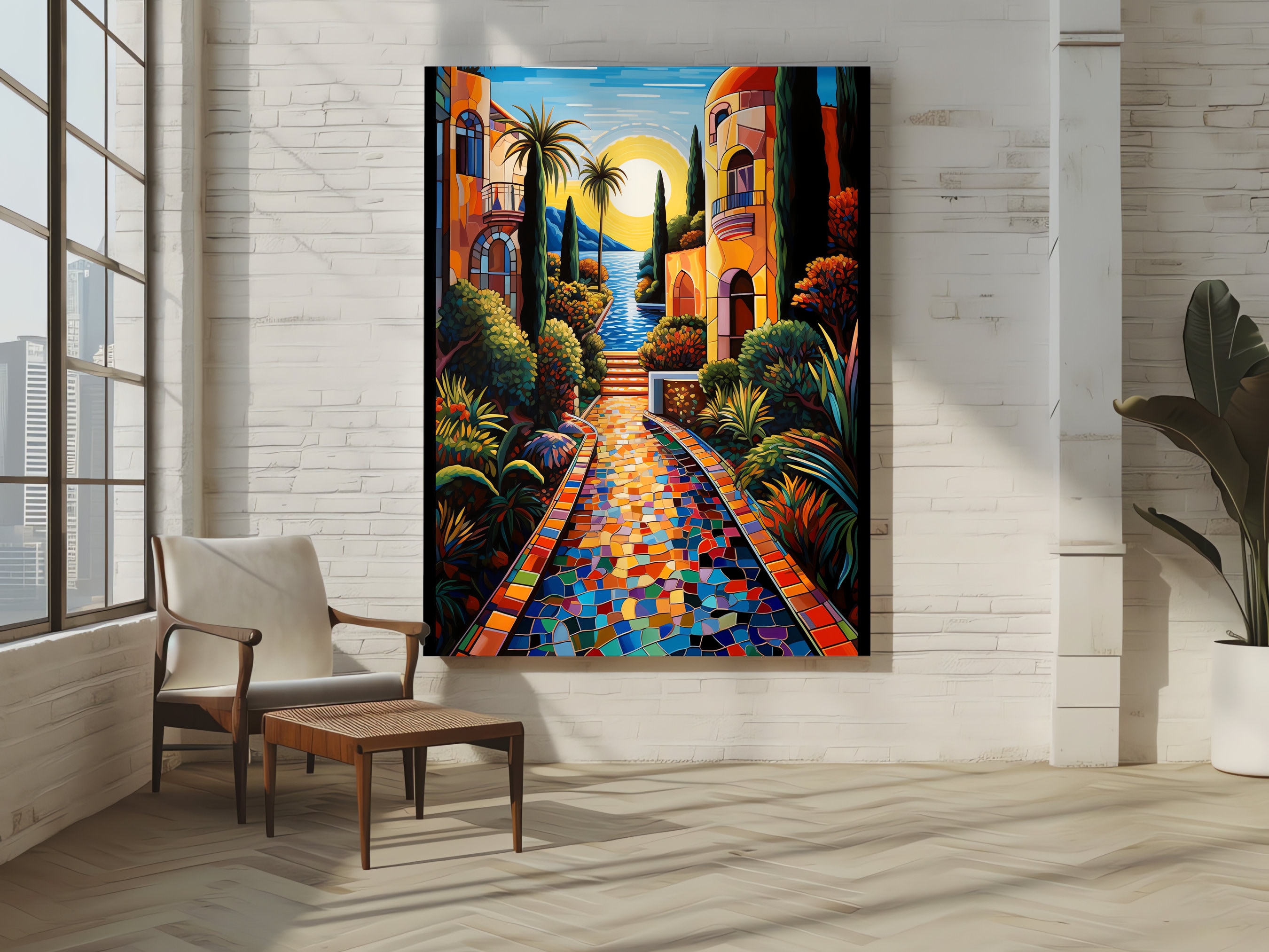 Vibrant Beach Pathway Naive Art Deco Landscape Colorful Gouache Canvas ...