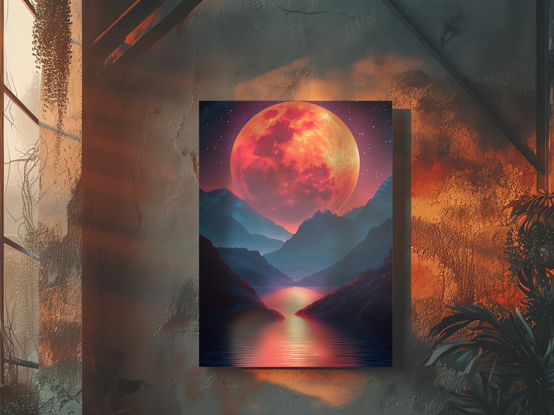 Red Full Moon Rising Over Water Canvas Art Space Art Matte Painting ...