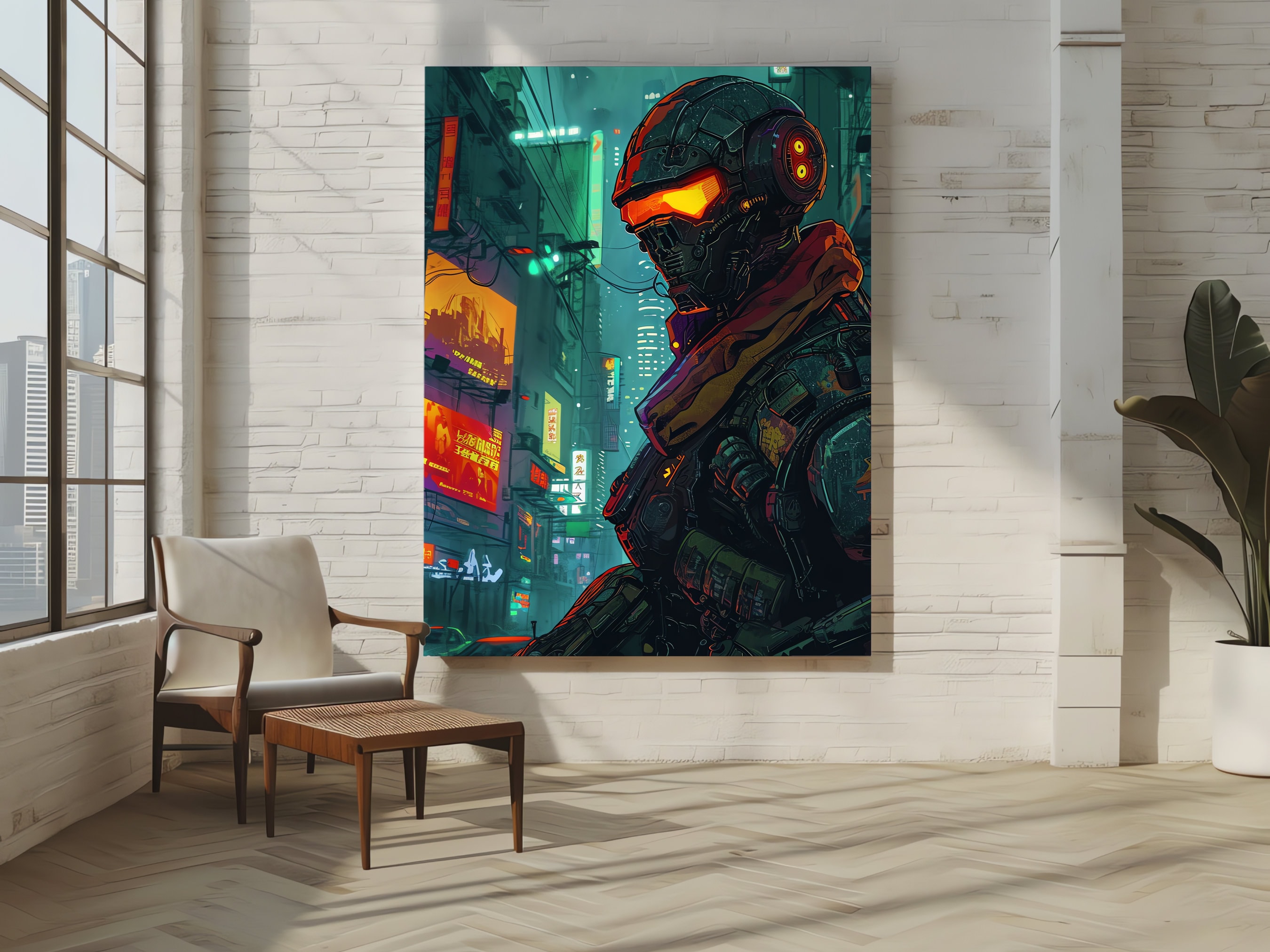 Cyberpunk Samurai Soldier Canvas Art Retrofuturism City Street Master ...