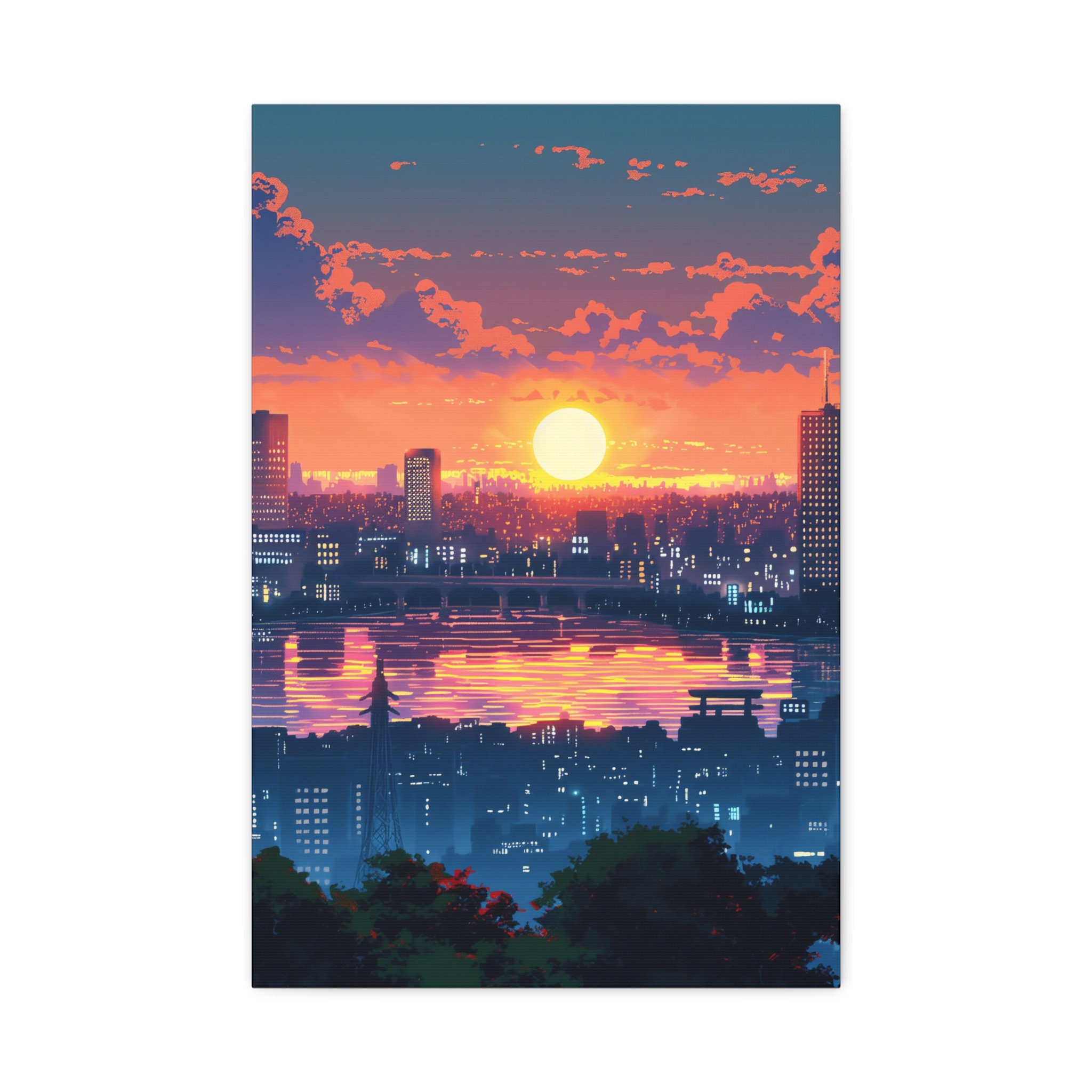 Sunset Cityscape Pixel Art Anime Style Osaka Skyline HD Painting Pixiv ...
