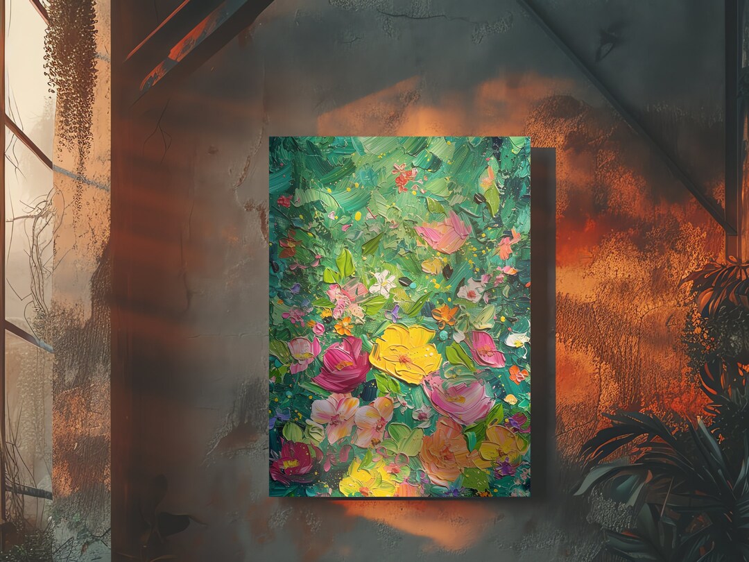 Vibrant Floral Impressionism Canvas Art Trendy Painting Green Backdrop ...
