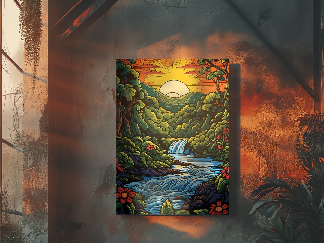 Psychedelic Waterfall Canvas Painting Nature-inspired Wall Decor Tree ...