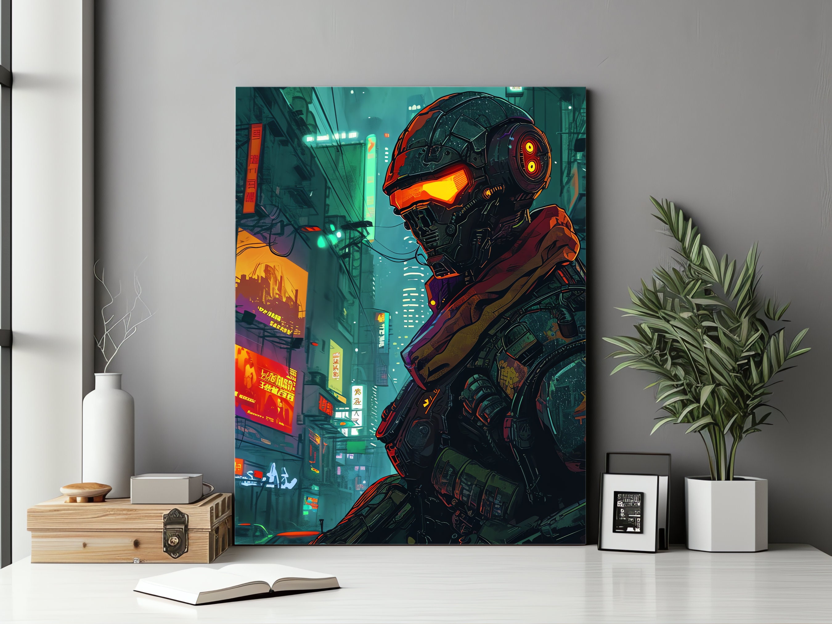 Cyberpunk Samurai Soldier Canvas Art Retrofuturism City Street Master ...