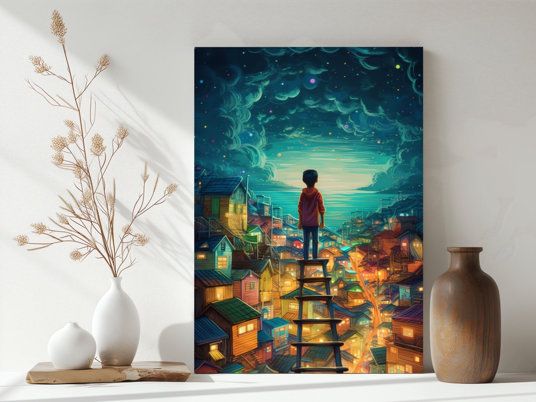 Enchanted Storybook Canvas Boy on Ladder, Starlit Sky, Dreamy Scenery ...