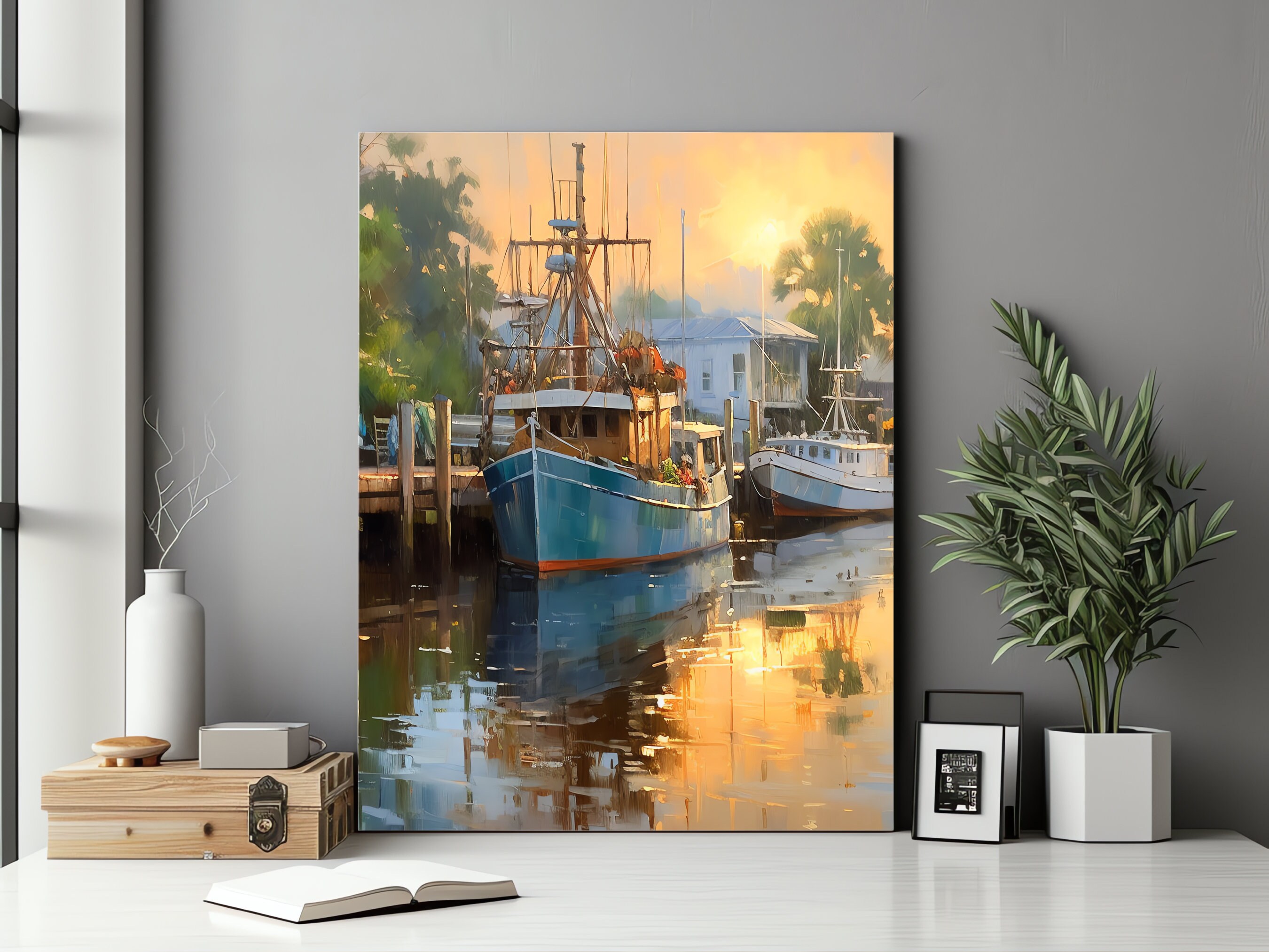 Canvas Painting of Docked Boat Photorealistic USA Scenery Art Wlop HDR ...