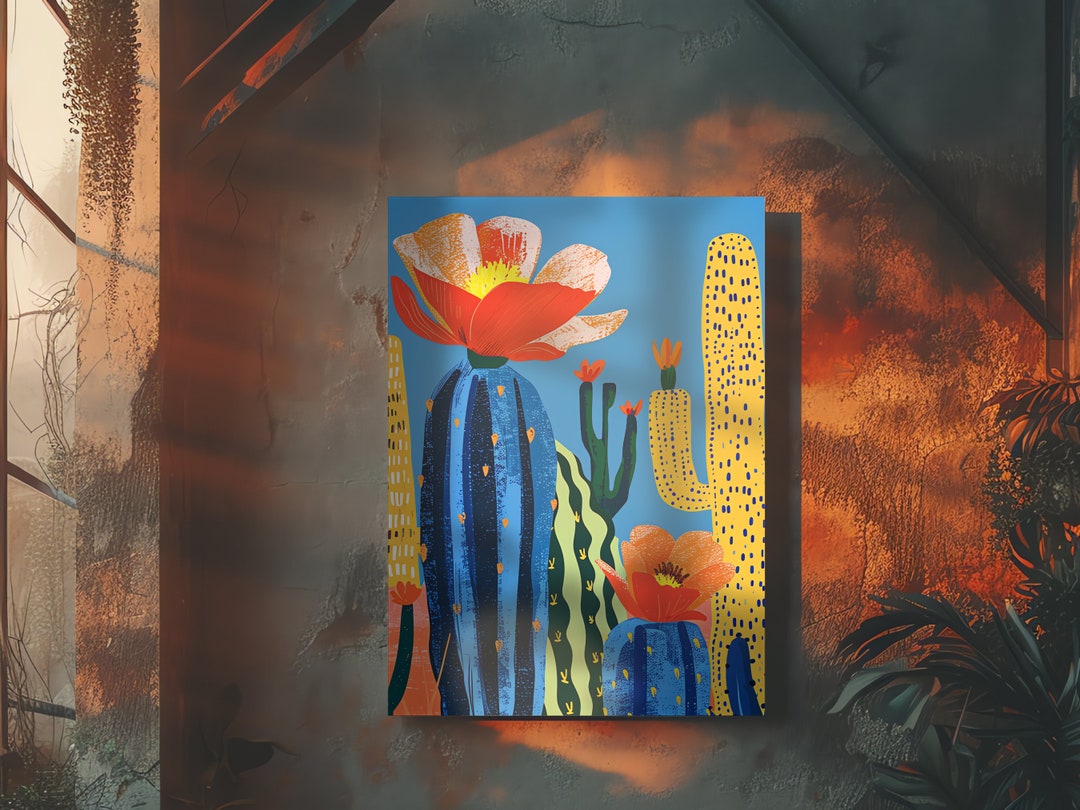 Vibrant Folk Art Cactus & Flowers Gouache Painting Editorial ...
