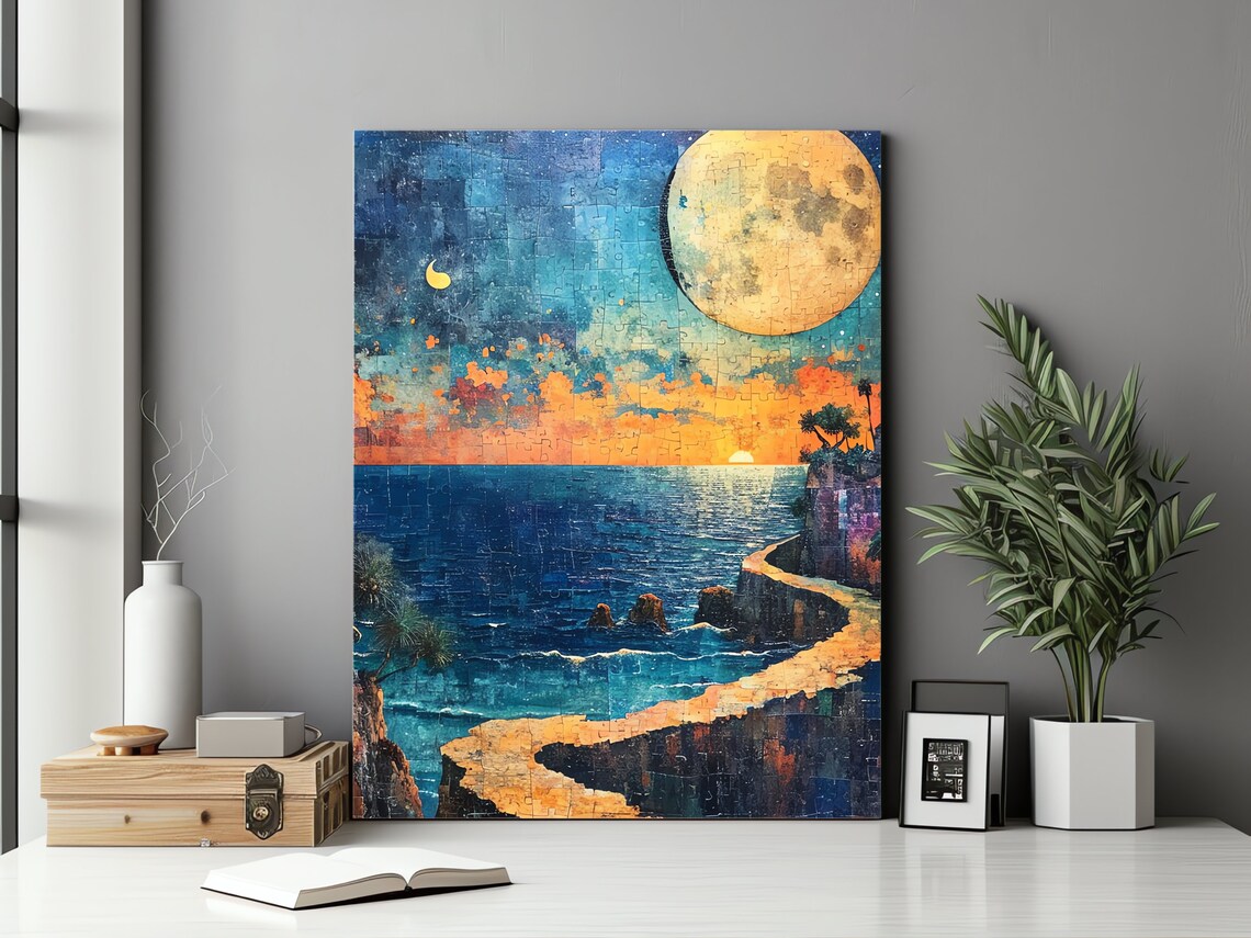 Full Moon Over Ocean Puzzle Art Canvas Kinetic Pointillism Technique ...