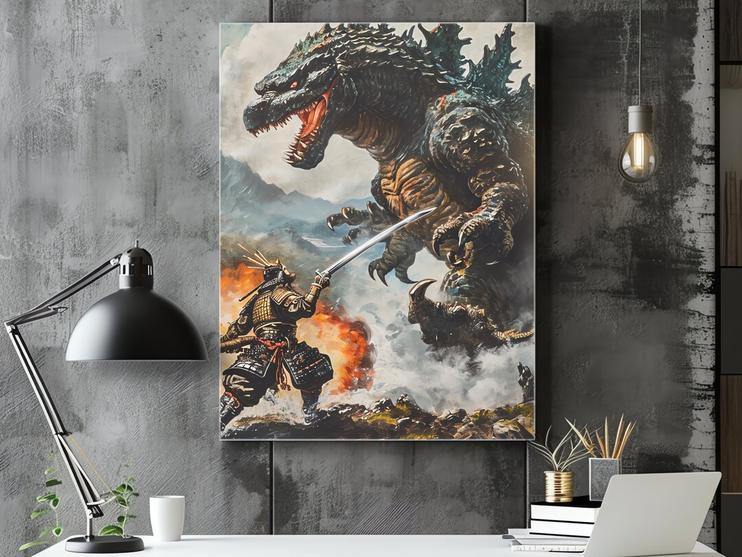 Feudal Japan Samurai Vs. Godzilla Canvas Art Realistic Ukiyo-e Style ...