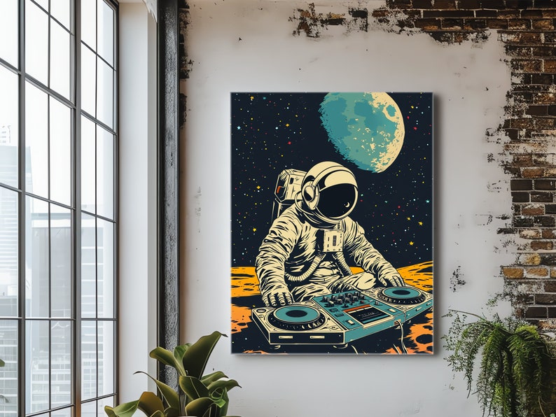 Astronaut DJ Moon Poster Spacecore Theme NASA Inspired Art Canvas Print Galaxy Wall Hanging Sci ...