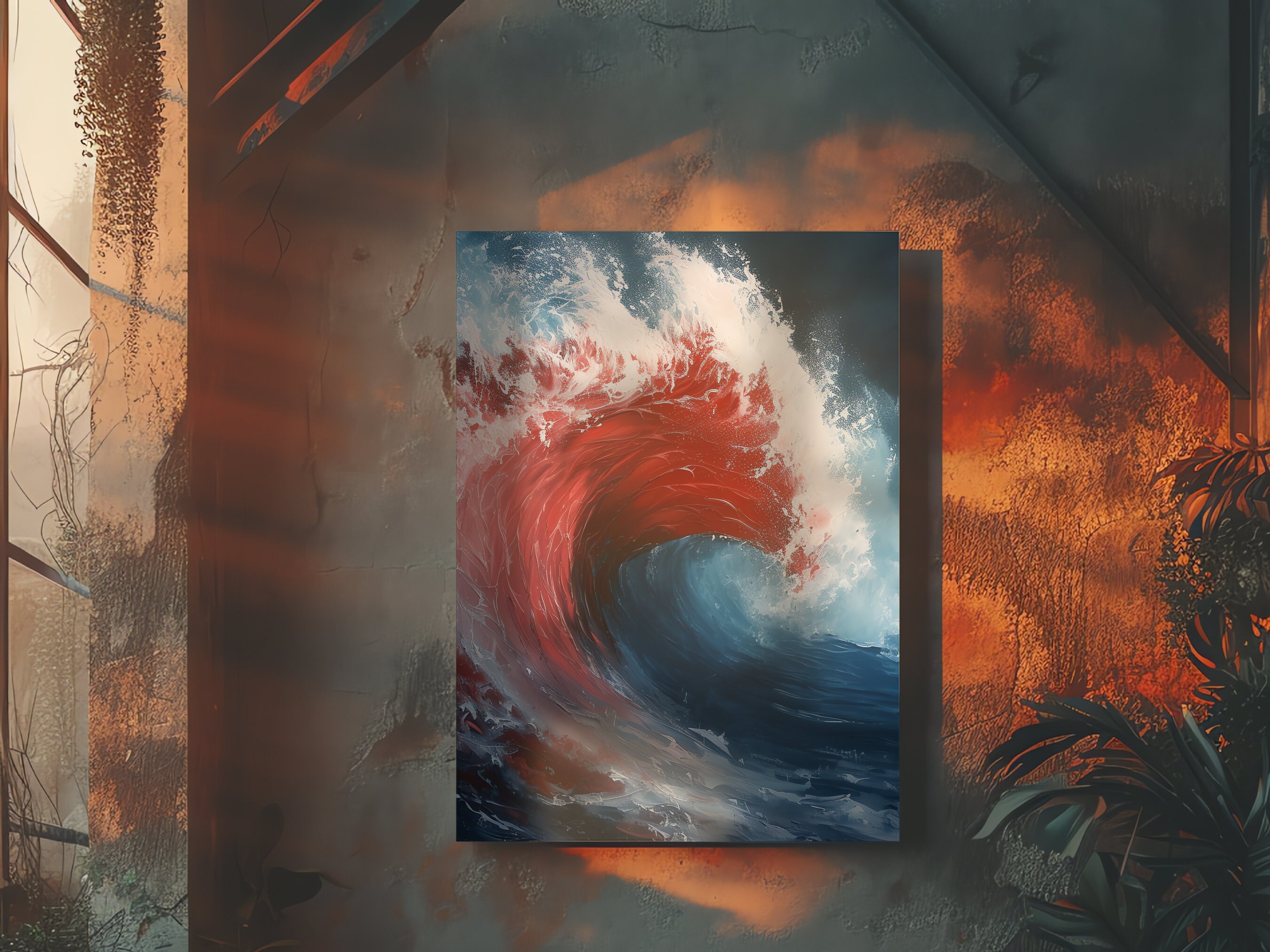 Red Ocean Tsunami Wave Canvas Art Digital Oil Painting Great Wave Decor ...
