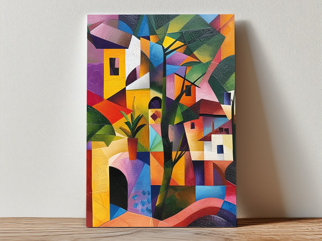 Colorful Cityscape Cubist Canvas Art Tree Painting Naive Art Style ...