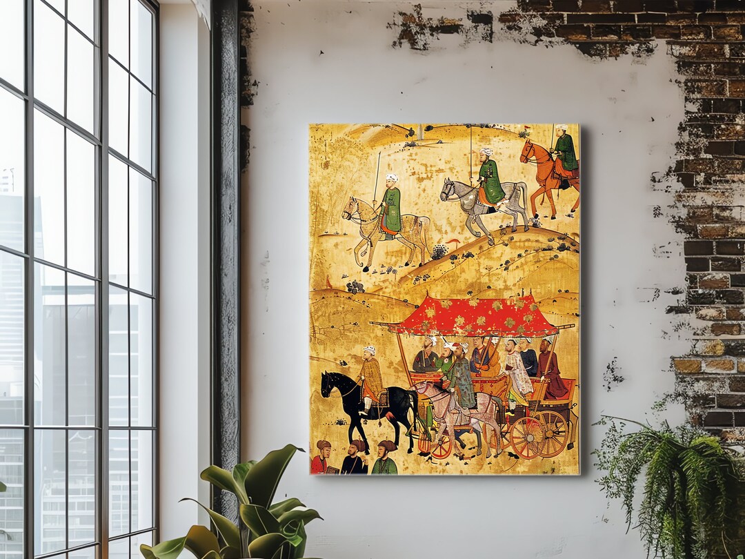Vintage Persian Folklore Art Qajar Style Canvas Horseback Caravan ...