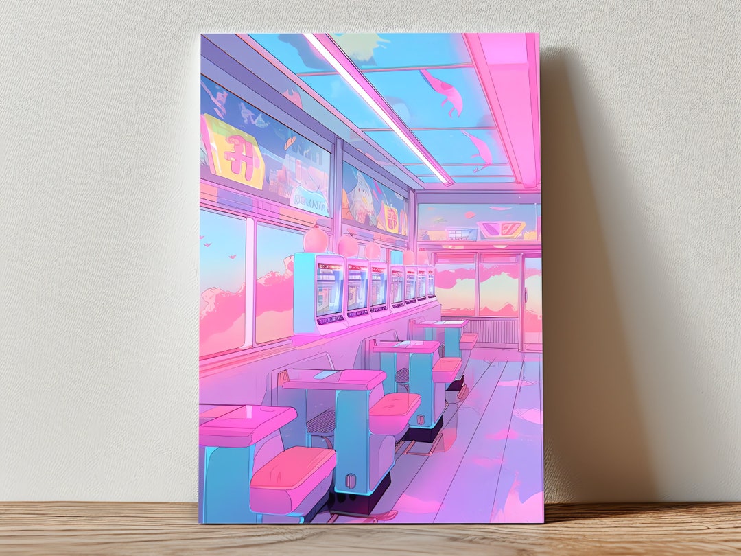 Pink & Blue Retro Futurism Anime Aesthetic Vintage Diner Scene Upscaled ...