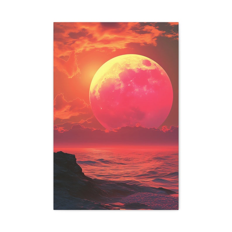 Neo-romanticism Canvas Art: Pink Blood Moon Rising Over Ocean, Epic Red ...