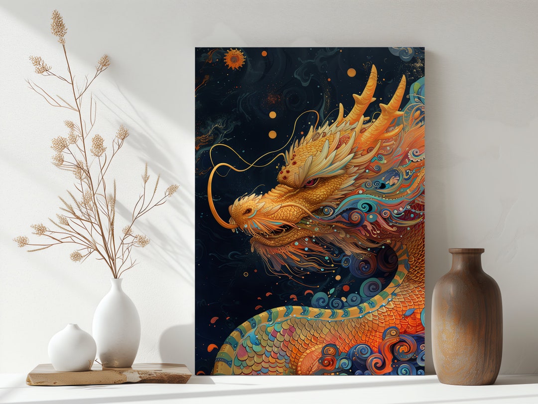 Detailed Fantasy Dragon Art on Black Canvas Inspired by Cloisonnism ...