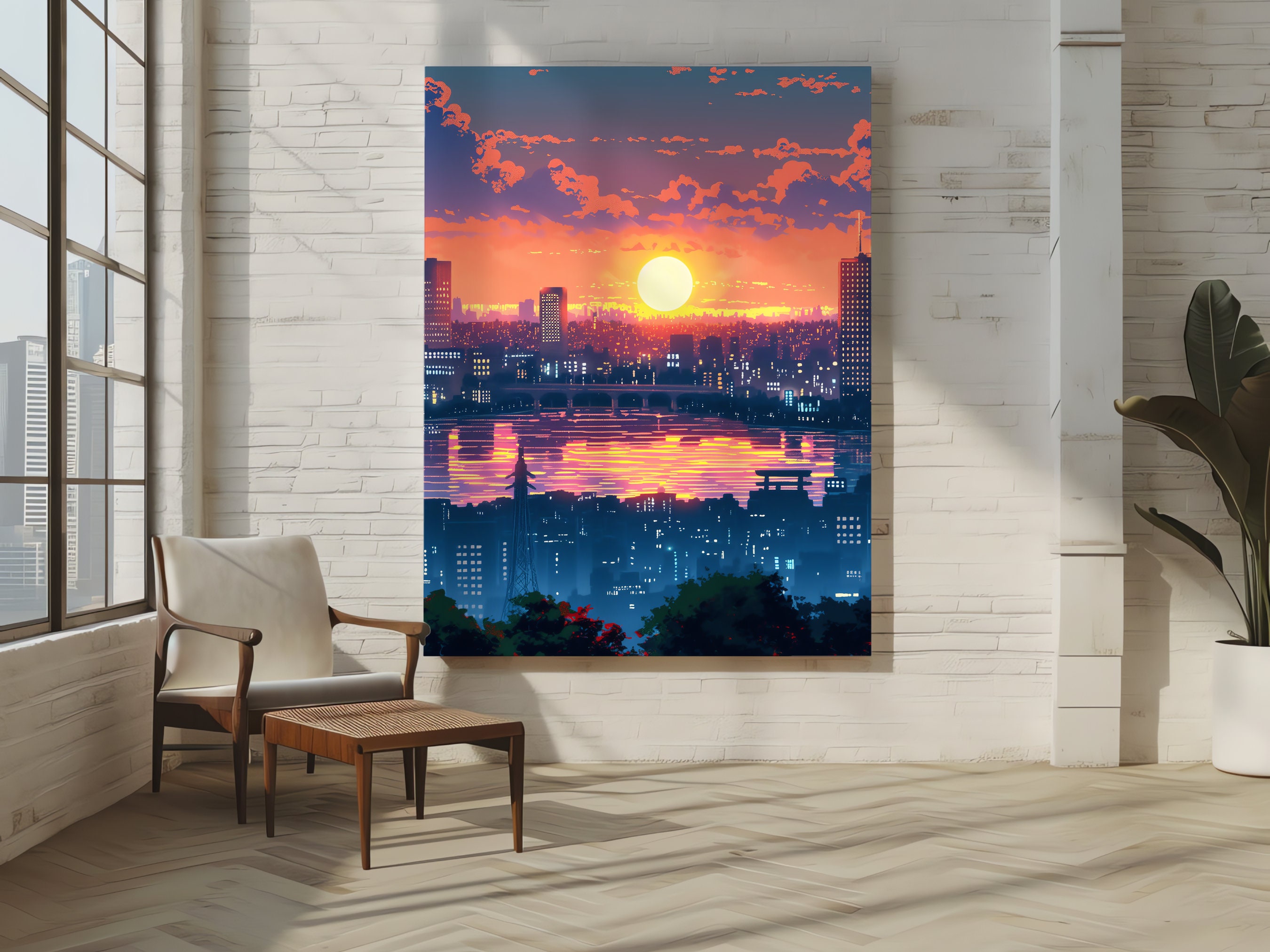Sunset Cityscape Pixel Art Anime Style Osaka Skyline HD Painting Pixiv ...