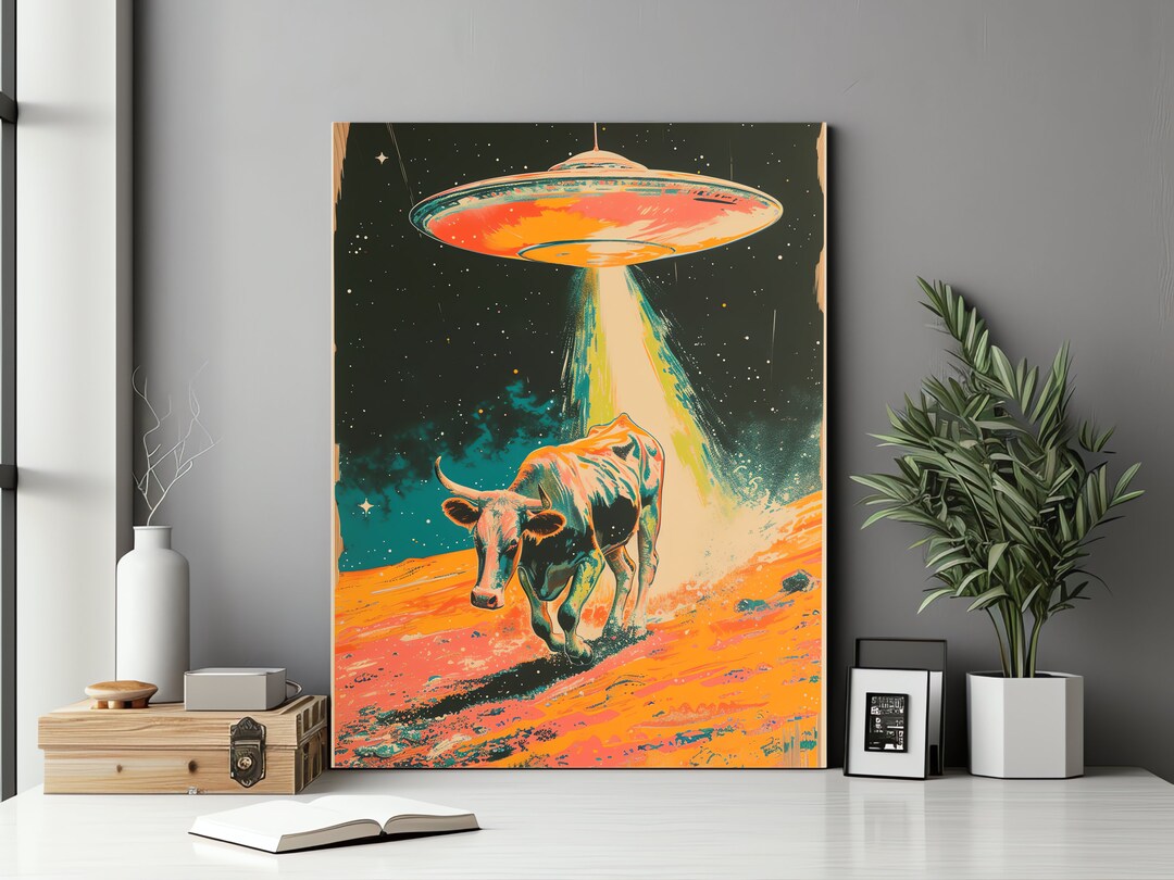UFO Cow Abduction Surrealism Artwork Flying Saucer Attack Pop ...
