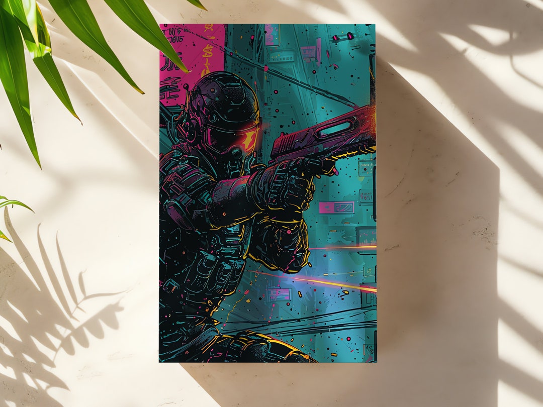 Cyberpunk Street Canvas Art City Gunman Scene Sots Art Blacklight ...