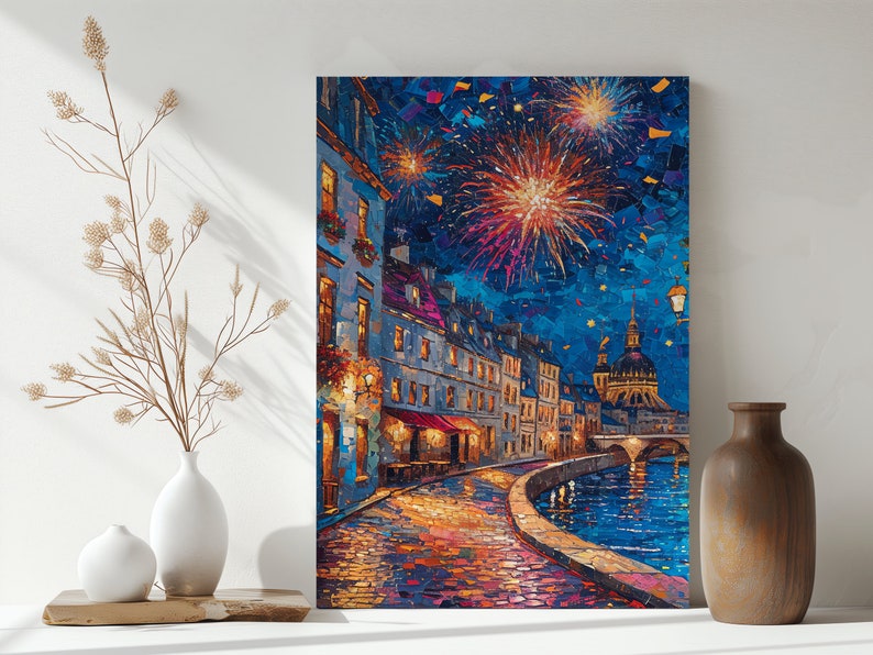 Urban Night Sky Fireworks Pointillism Canvas Art Post-impressionism ...