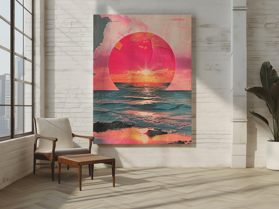 Vaporwave Sunset Ocean Canvas Rayonism Art Poster Retro Wave Decor ...