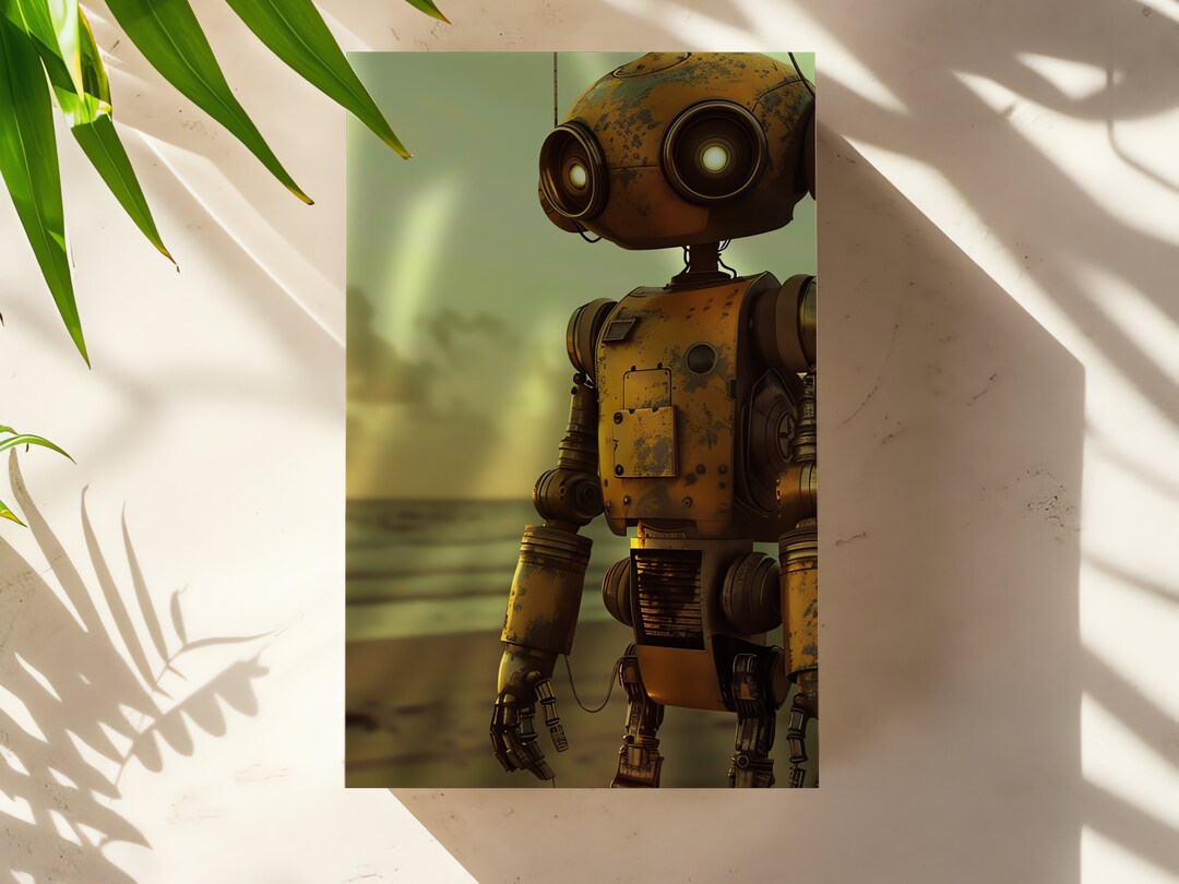 Steampunk Robot on Beach Retrofuturism Art 3D Design Futurist Character ...