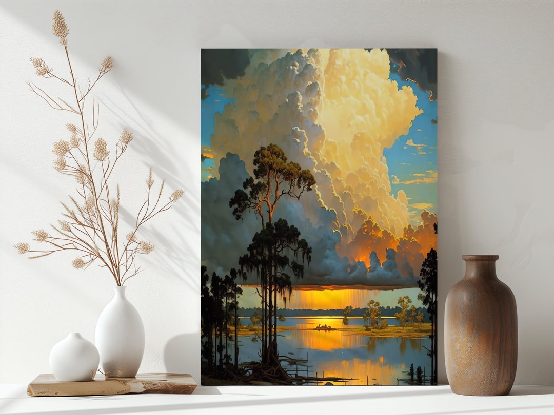 Sunset Oil Art Magic Realism Painting Water View Highly Detailed Clouds ...
