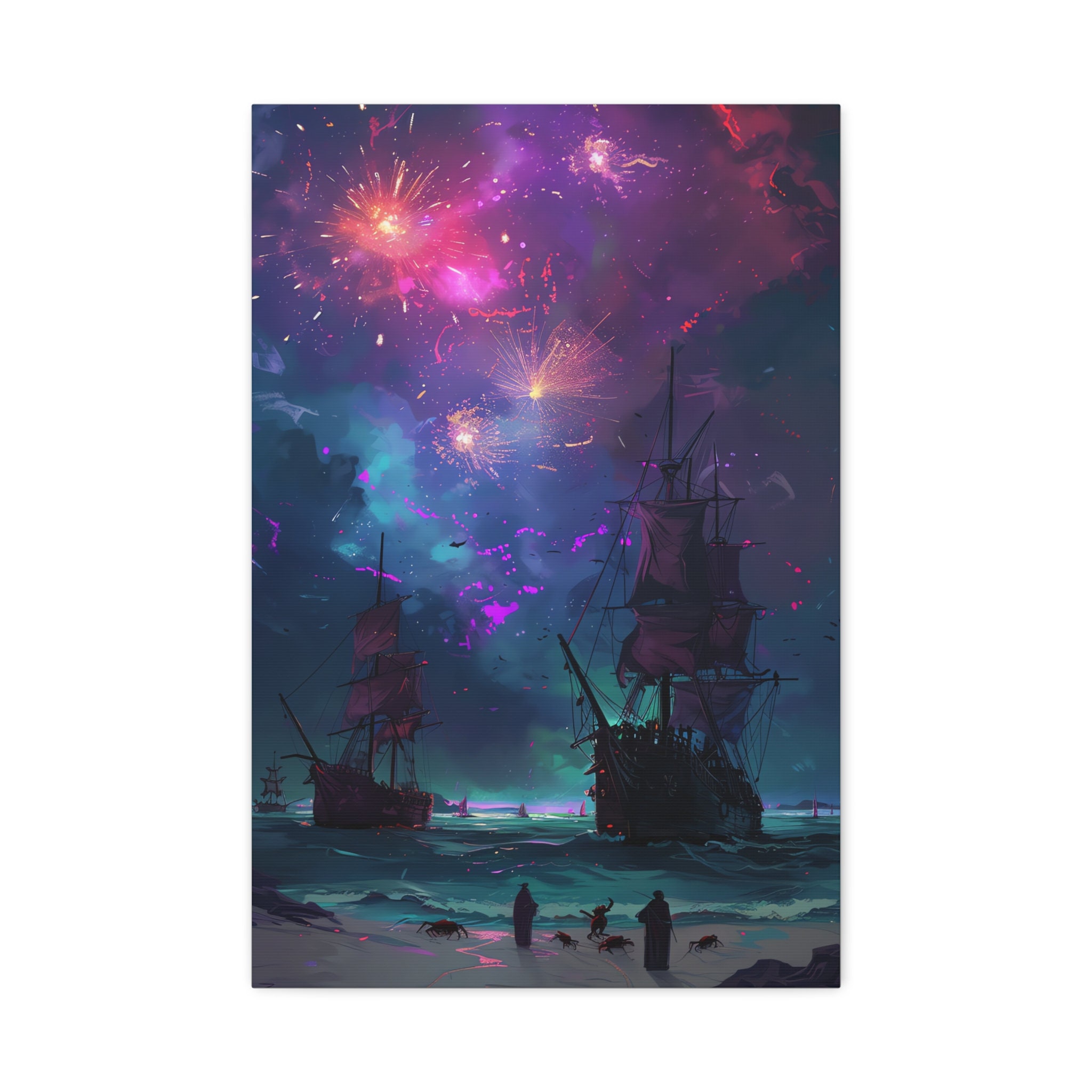 Night Sky Battle Fantasy Pirate Ship Art Fiery Sea Artwork Colorful ...