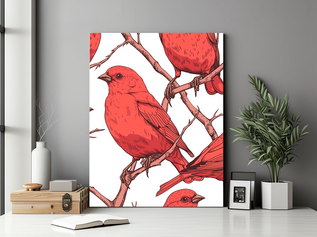 Red Birds on Tree Branch Canvas Print Detailed Generative Art Featured ...