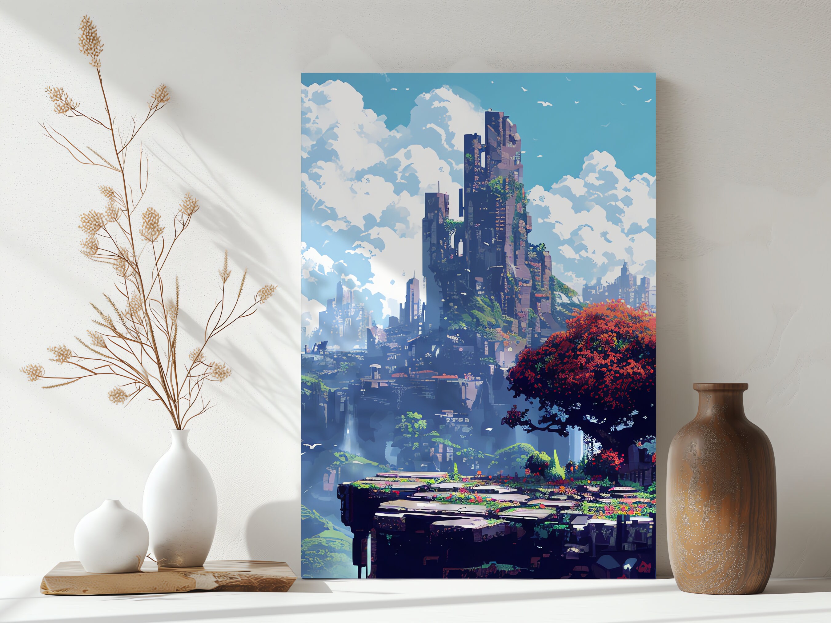 Cliffside Castle Pixel Art Scenic Matte Painting Detailed Tree & Castle ...