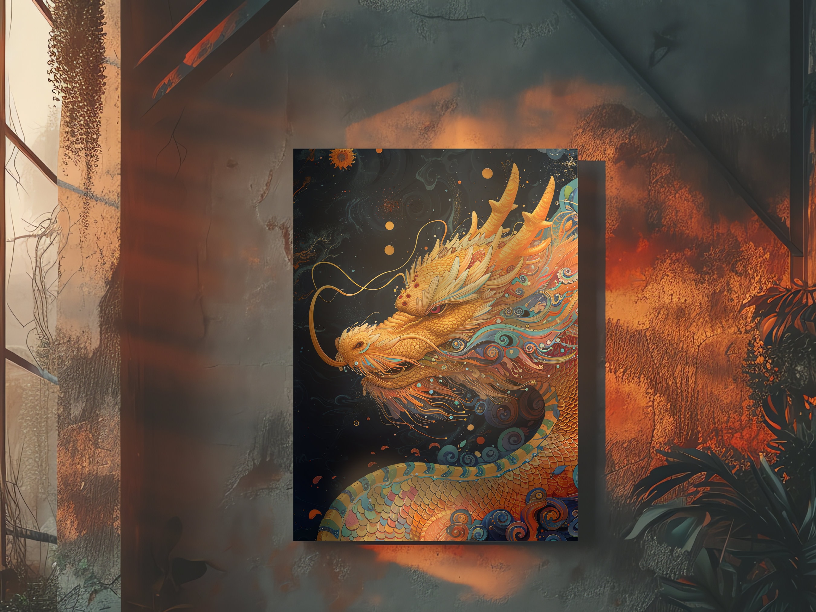 Detailed Fantasy Dragon Art on Black Canvas Inspired by Cloisonnism ...