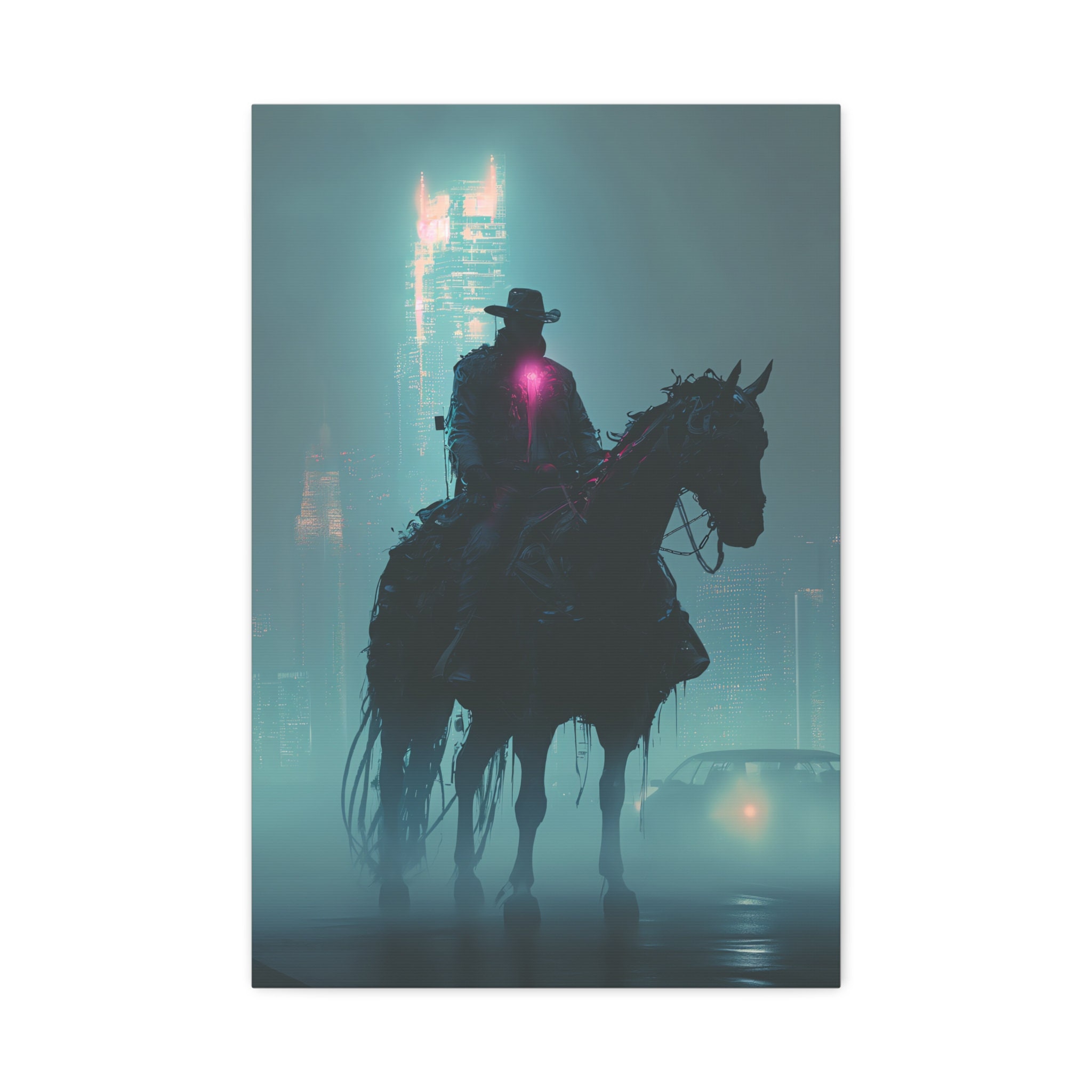 Cyberpunk Western Cityscape Canvas Post-apocalyptic Horse Rider ...